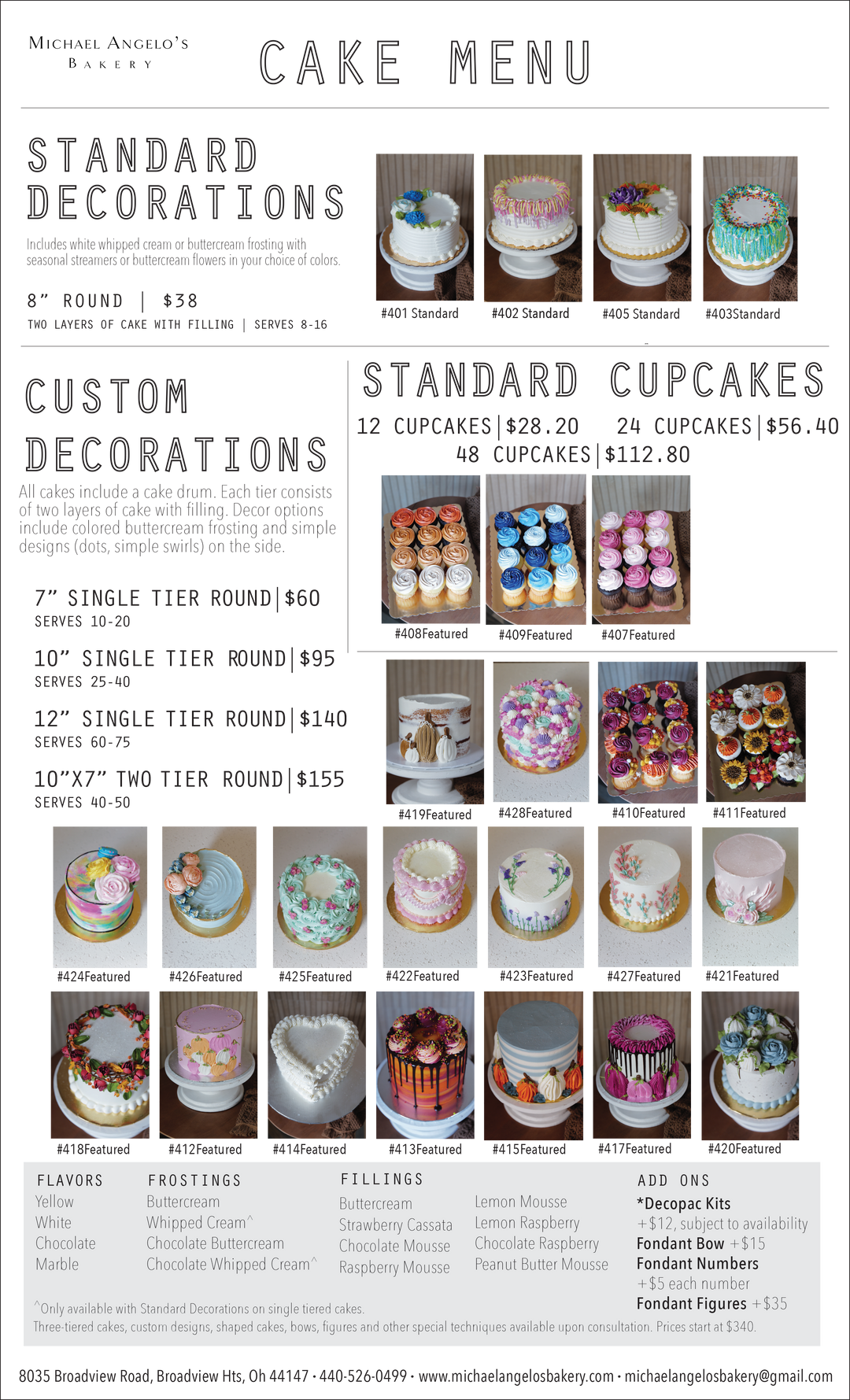 Michael Angelo's Bakery - Cake & Cupcake Menu